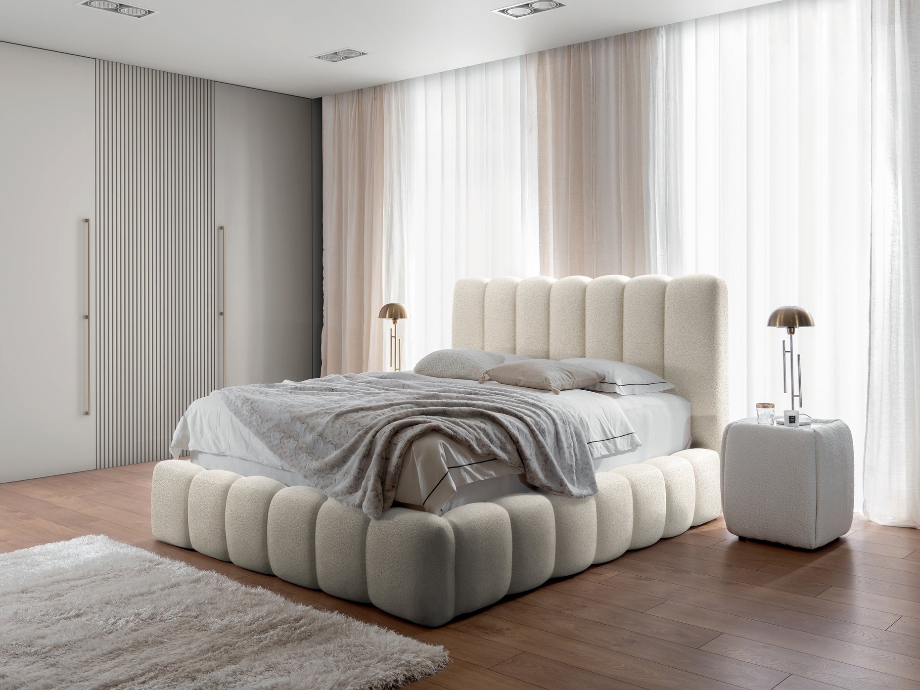 CANDE Queen Size Bed Frame with Storage Off-White Boucle Fabric – EQmodern