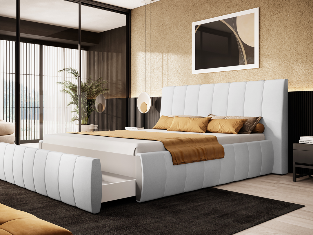 MILANO European Queen Size Bed Frame with Storage - White Faux Leather ...