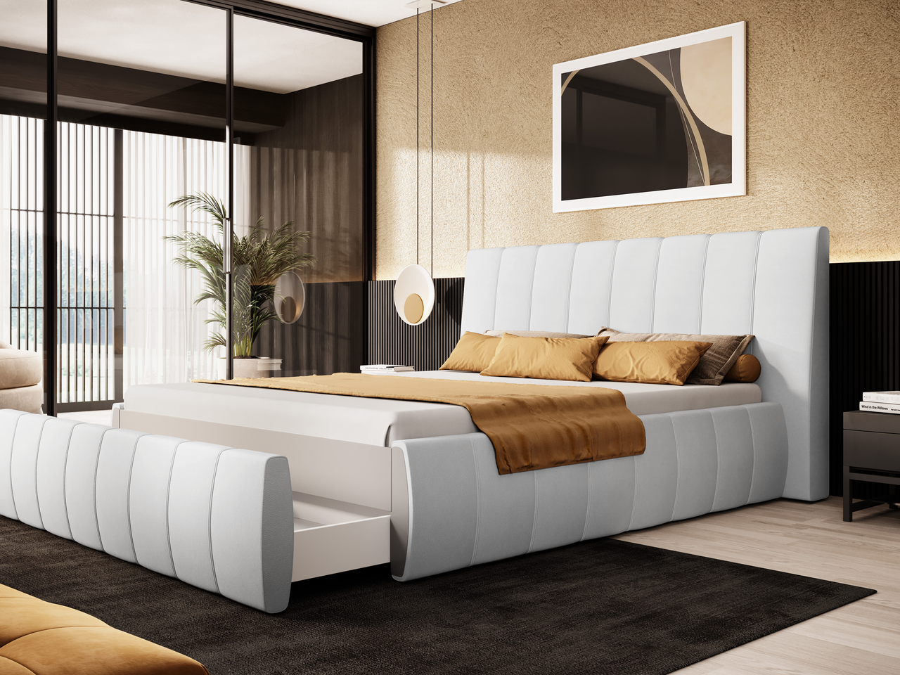 MILANO European Queen Size Bed Frame with Storage - White Faux Leather – EQmodern